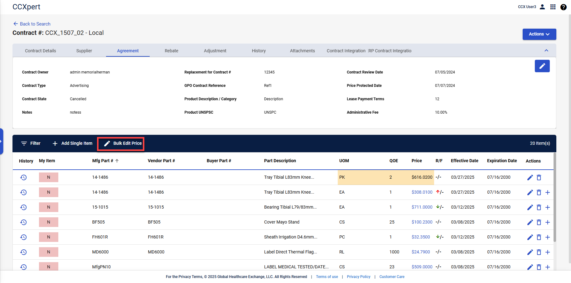 Bulk Edit Price On Contract
